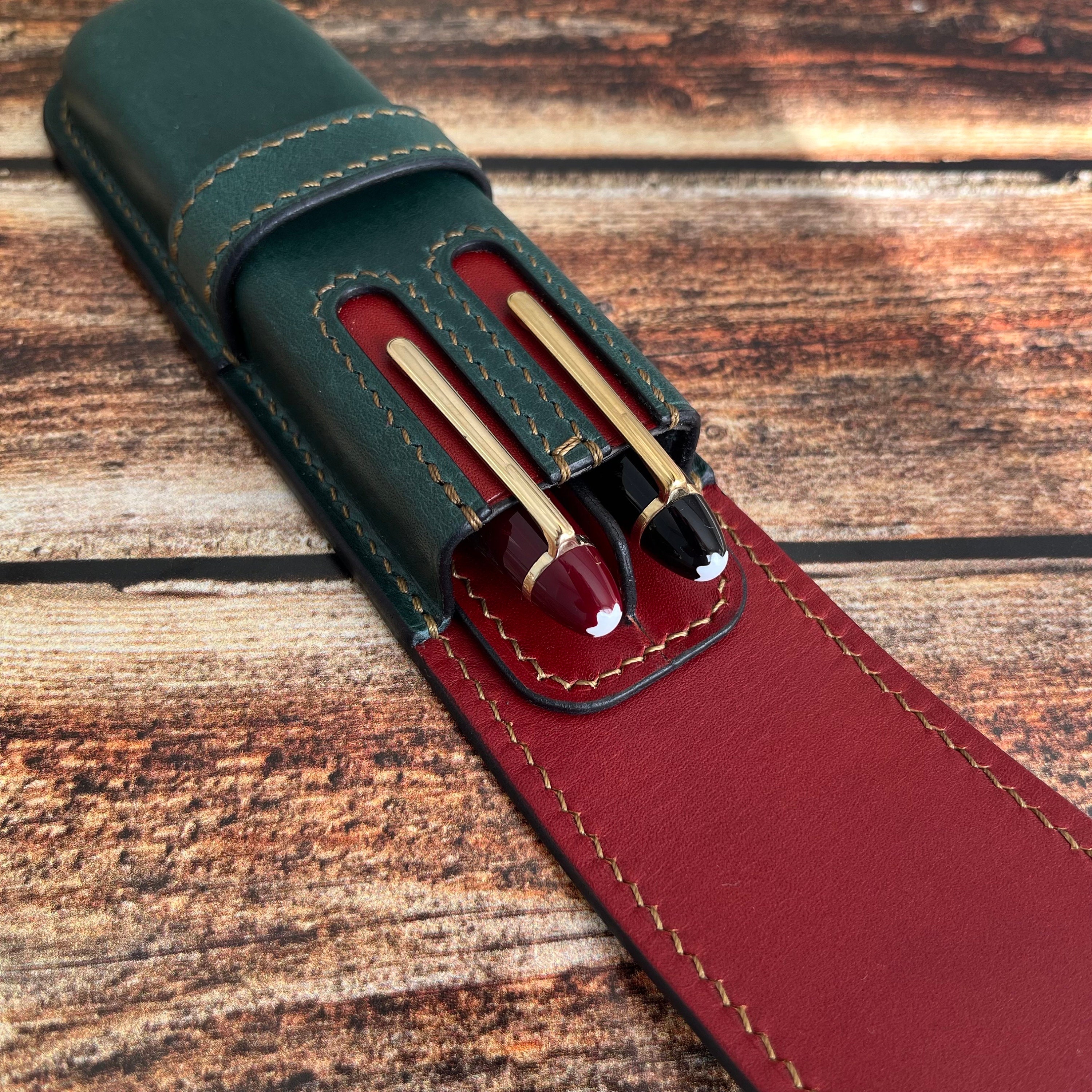 Dark Green Leather Double Pen Case, Wet Molded Pen Holder, Fountain Pen ...