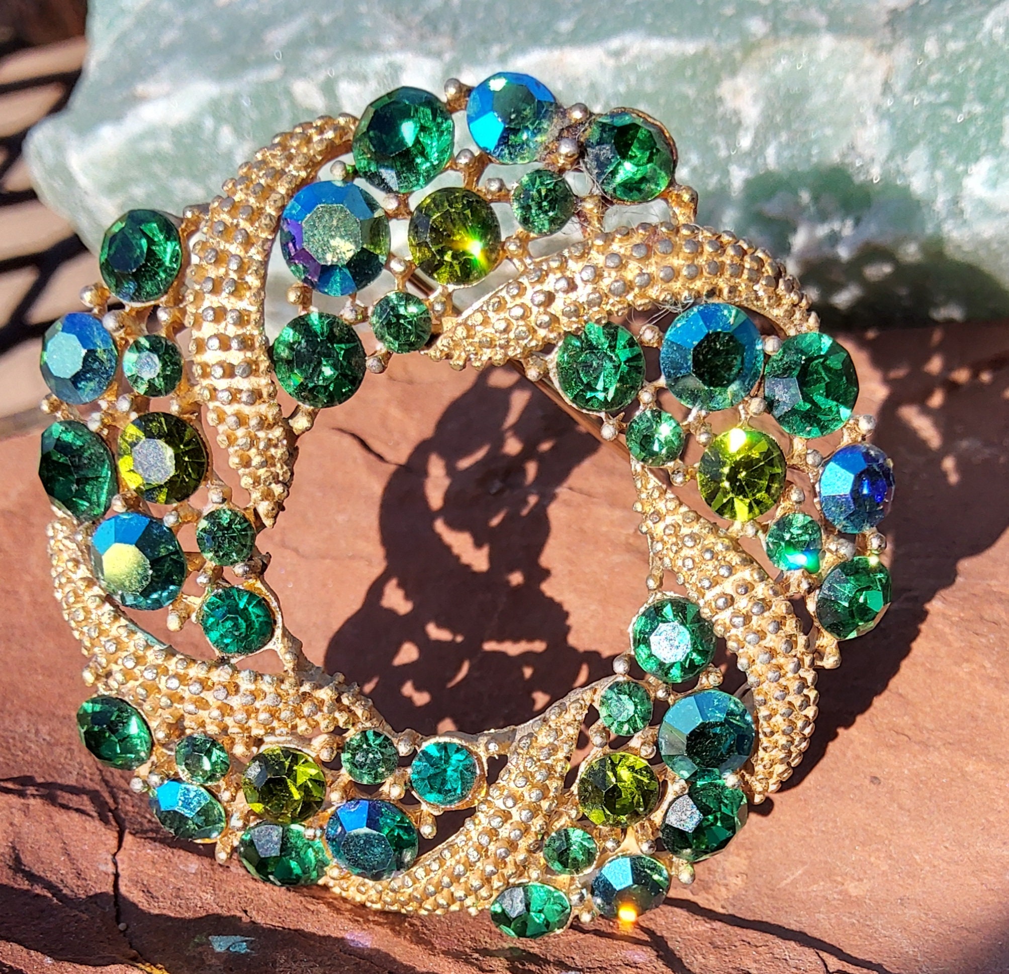 Vintage Lisner Green Rhinestone Brooch - Etsy