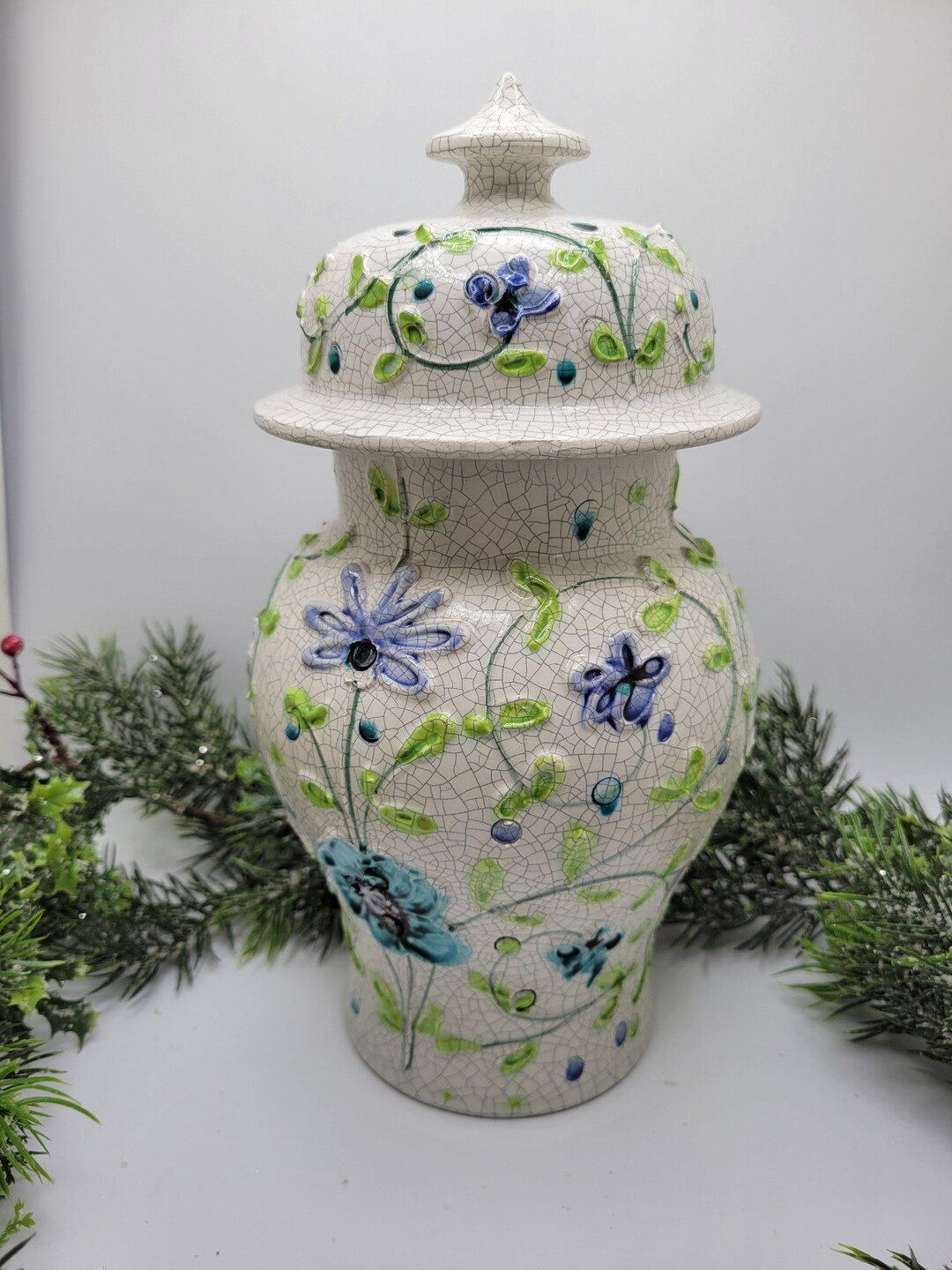Ceramic Decorative Urn Vase White Blue Raised Flowers & Vines - Etsy