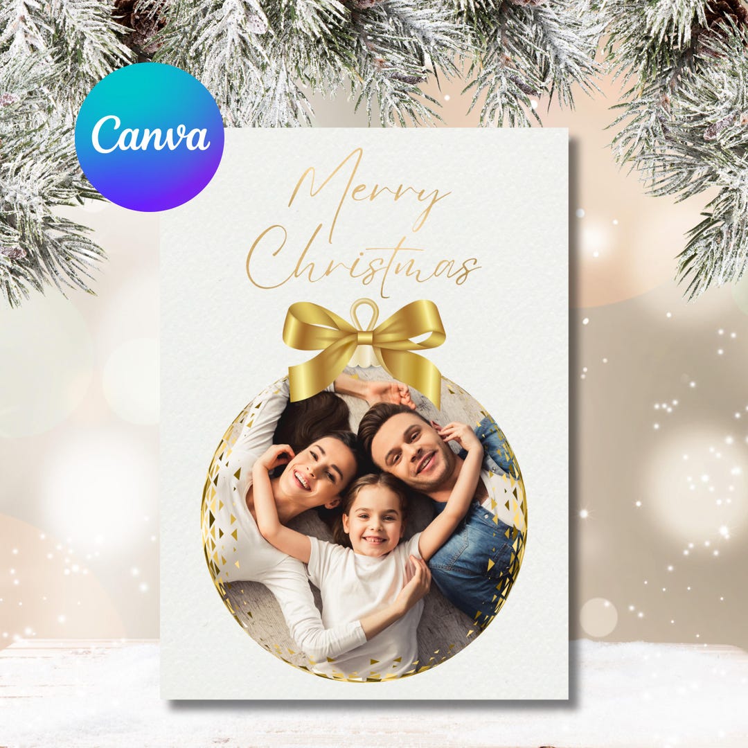Editable Gold Bauble Photo Christmas Card Template, Photo Holiday Card ...