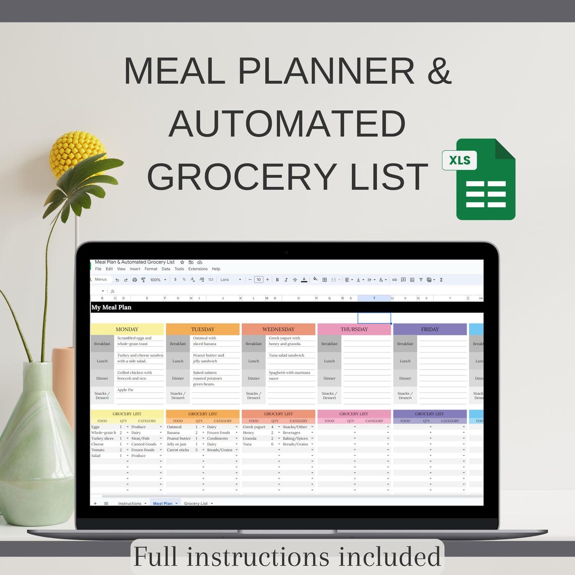 Google Sheets Meal Planner Spreadsheet and Grocery Shopping List - for ...