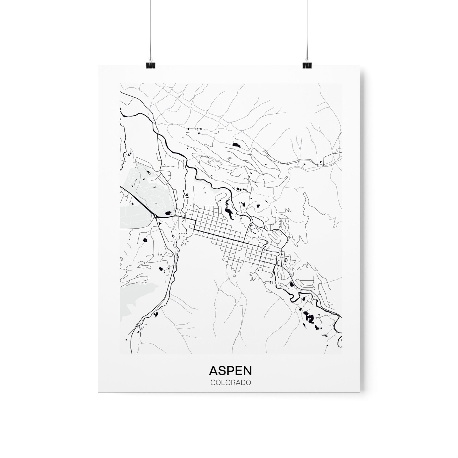 Aspen Map Print, Detailed, Colorado, Minimalist, Black & White, Poster ...