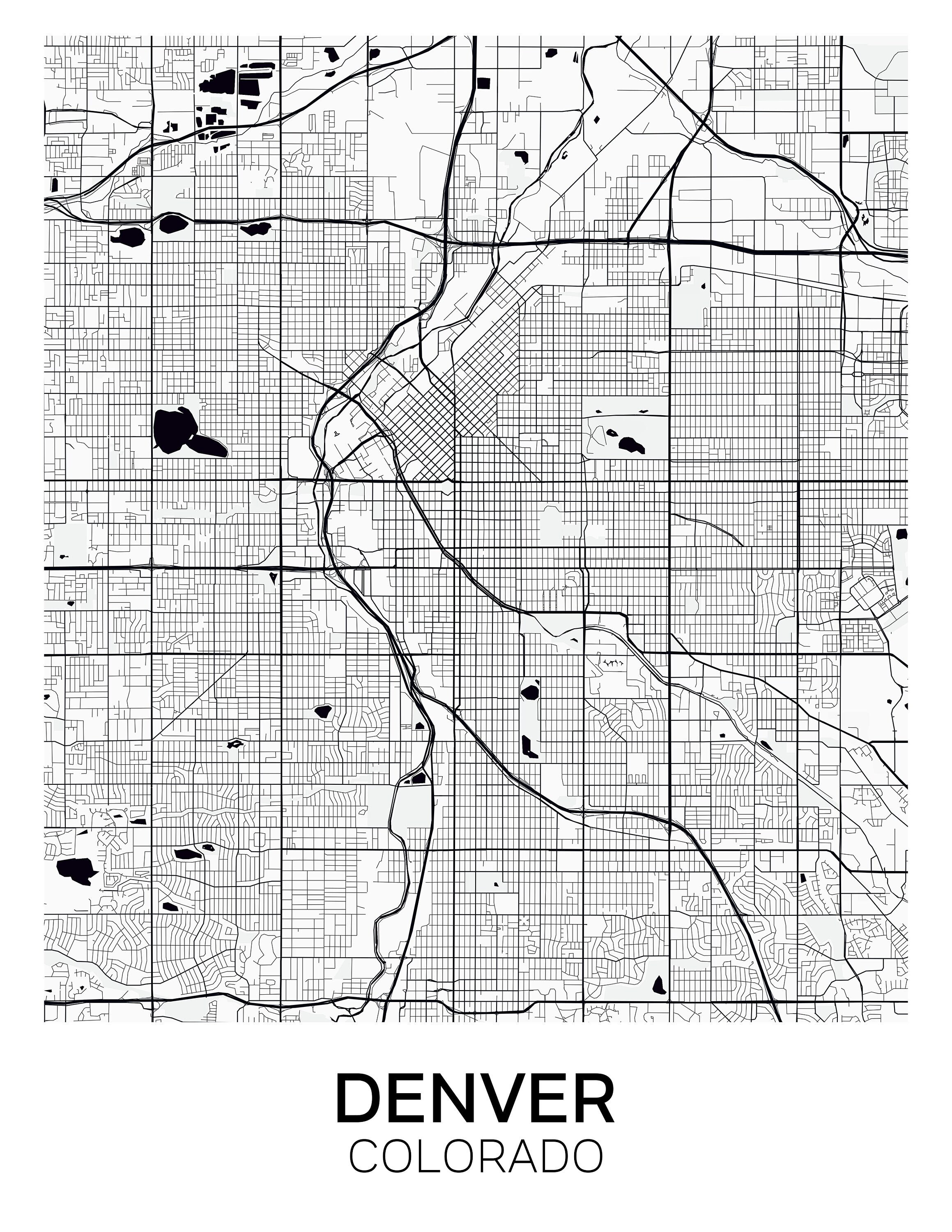 Denver Map, Digital Print, Download, Detailed, Map of Denver ...