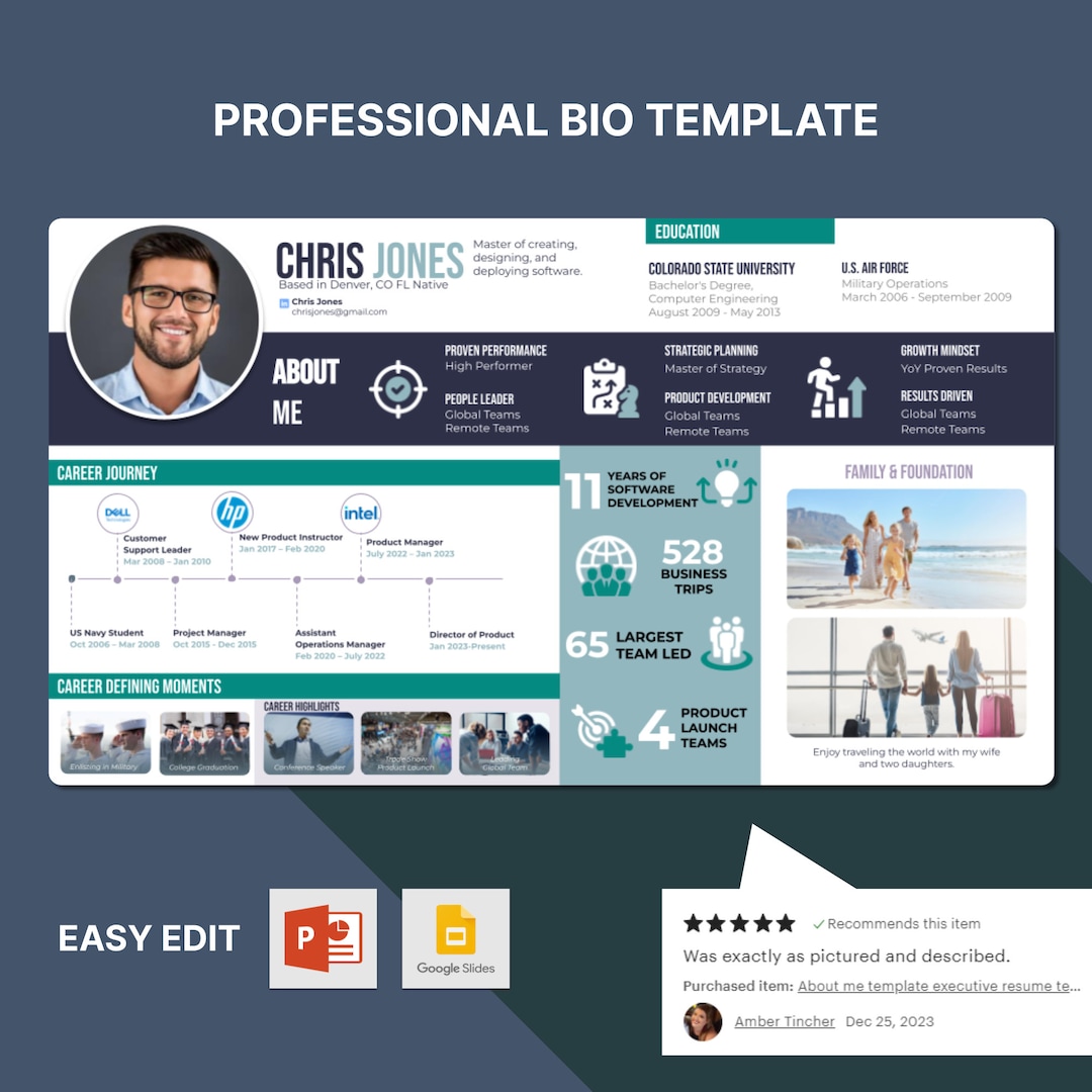 Professional Bio Template: Executive Resume Design (powerpoint & Google ...