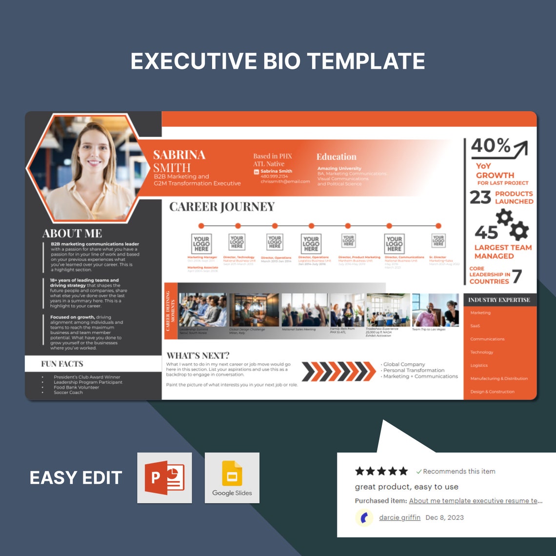 Executive Bio Template: One-page Career Profile (powerpoint & Google ...