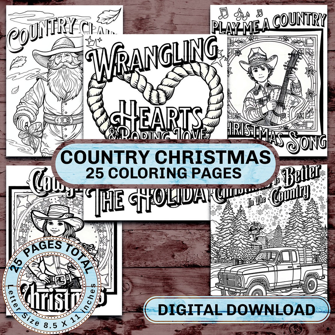 Country Christmas Coloring Pages, Rustic Western Designs (digital ...