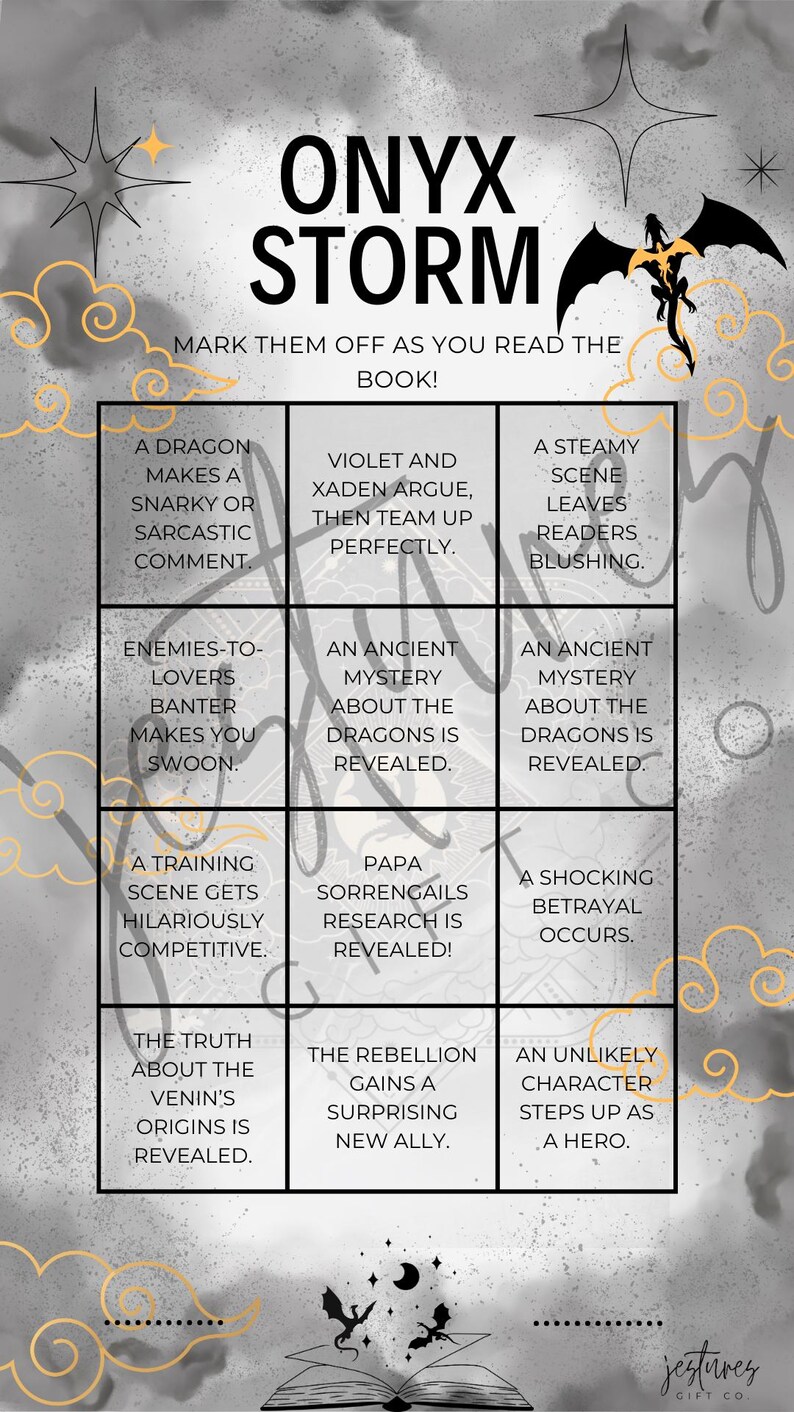 Onyx Storm Reading Bingo Card | Fantasy Book Tracker | Reader's Bingo ...