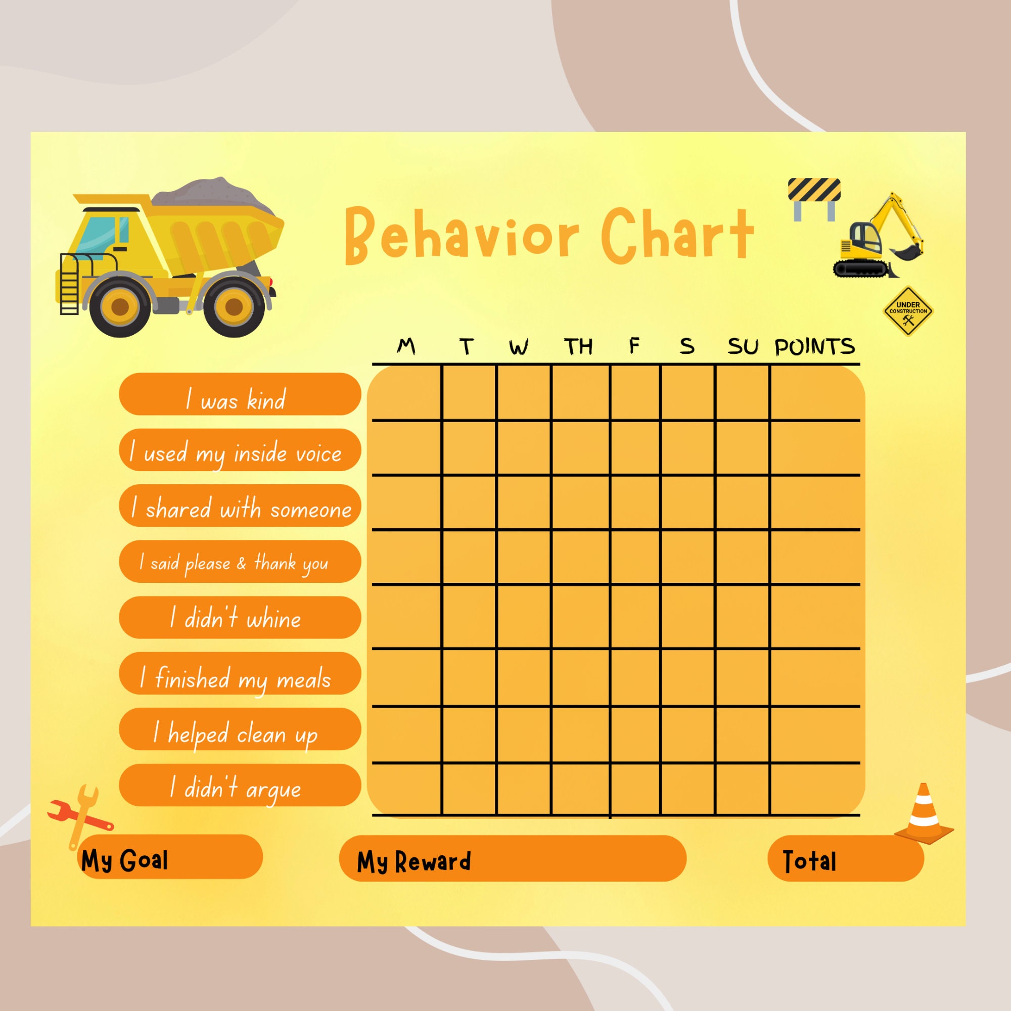 Construction Behavior Chart Behavior Tracker Sticker Chart Boys ...