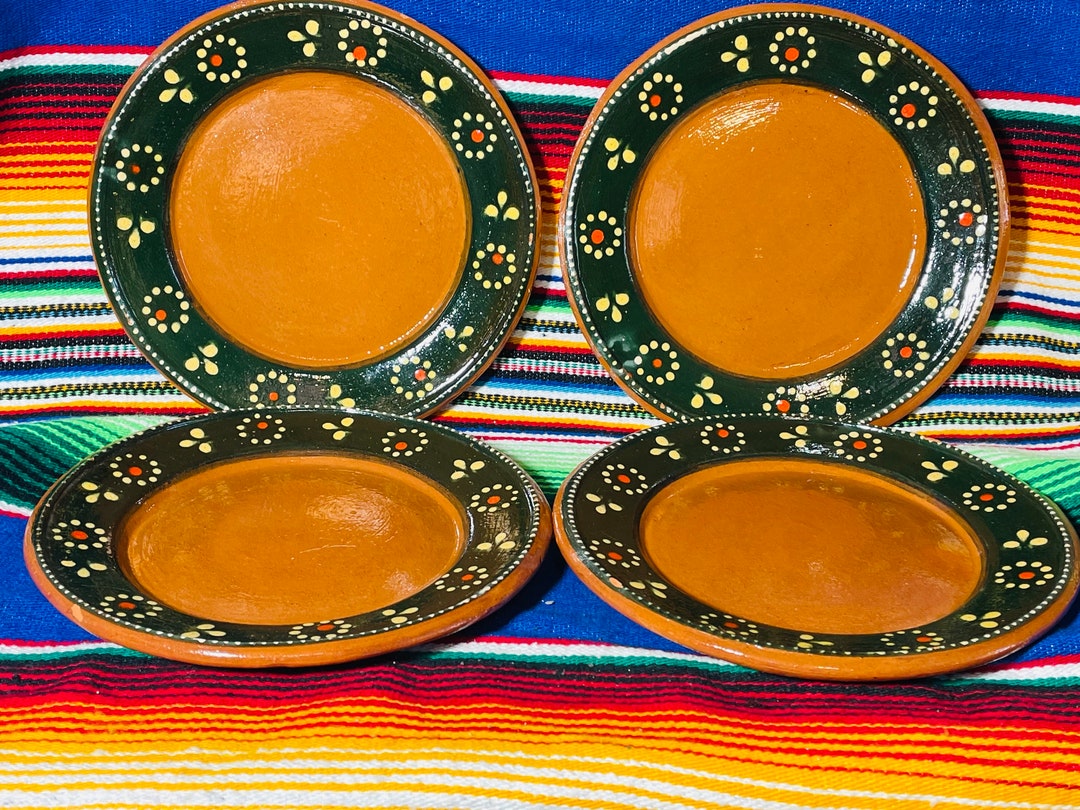8 in Mexican Hand Painted Barro Salad Plates Set of 4 Green Accent ...