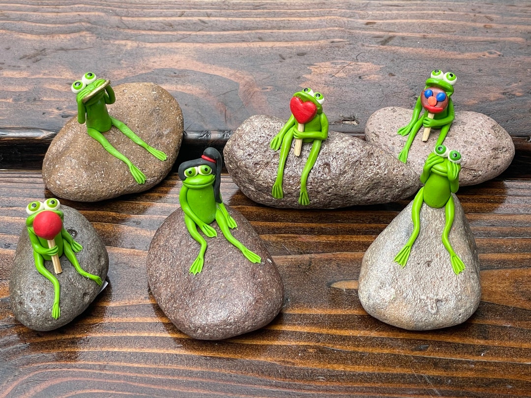 Frog on a Rock. Hand Crafted Clay Frogs. Miniature Frog Figurine. Rock ...