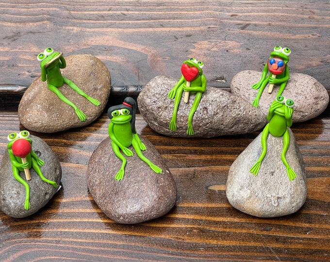Frog on a Rock. Hand Crafted Clay Frogs. Miniature Frog Figurine. Rock ...