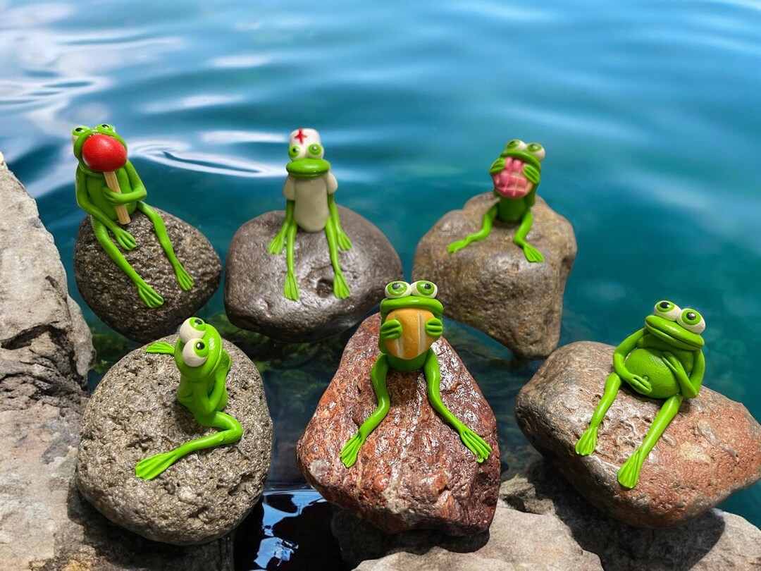 Frog on a Rock. Hand Crafted Clay Frogs. Miniature Frog Figurine. Rock ...