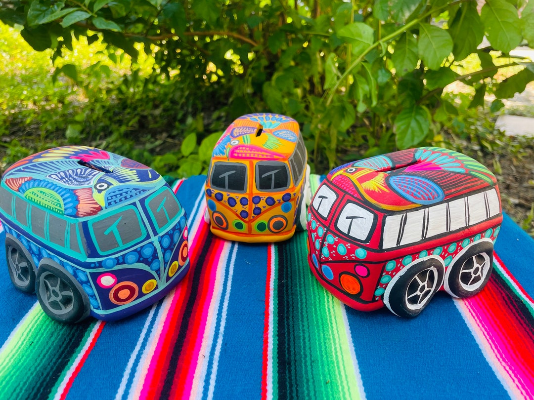 Hand Painted Bus Money Bank, Mexican Folk Art Piggy Bank. Colorful Hand ...