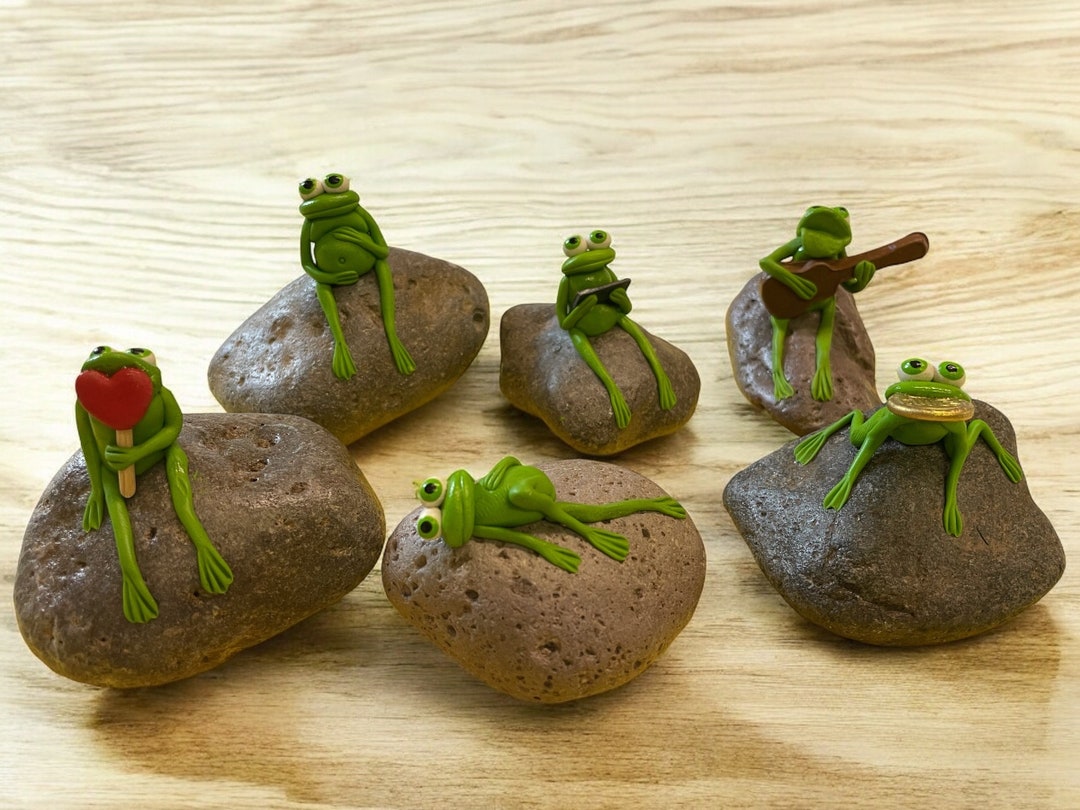 Frog on a Rock. Hand Crafted Clay Frogs. Miniature Frog Figurine. Rock ...