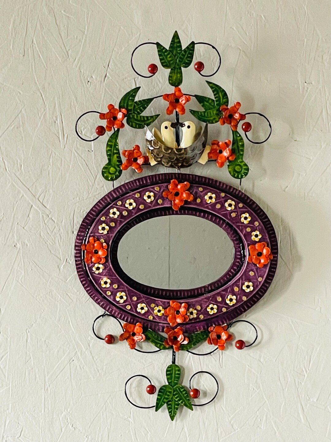 Love Bird Nest Oval Tin Mirror. Hand Painted Punched Tin Mirror, High ...