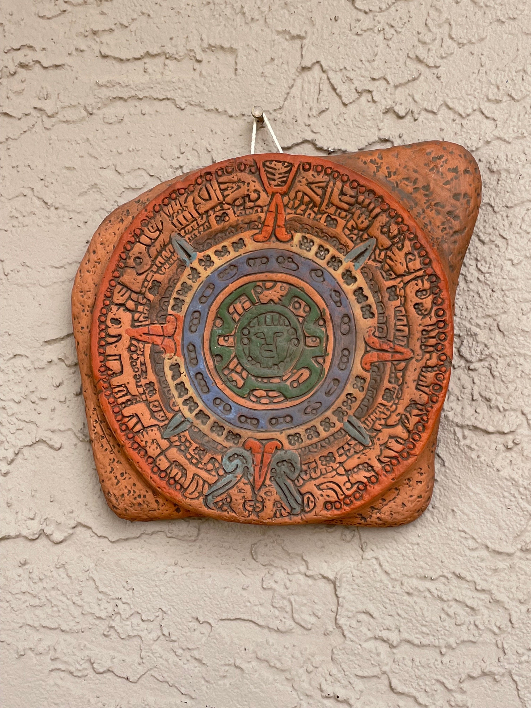 Aztec Calendar Wall Decor Hand Painted – Mexican Clay Barro Sun Stone ...