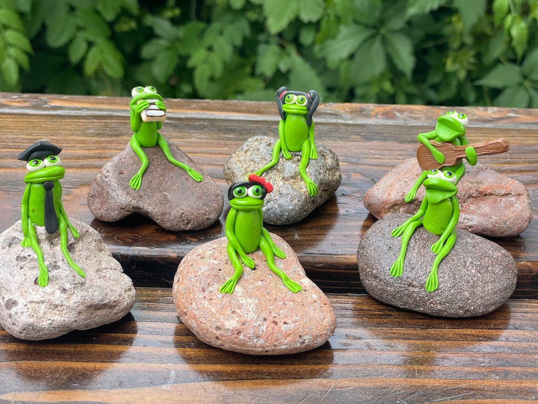 Frog on a Rock. Hand Crafted Garden Frogs. Miniature Frog Figurine ...