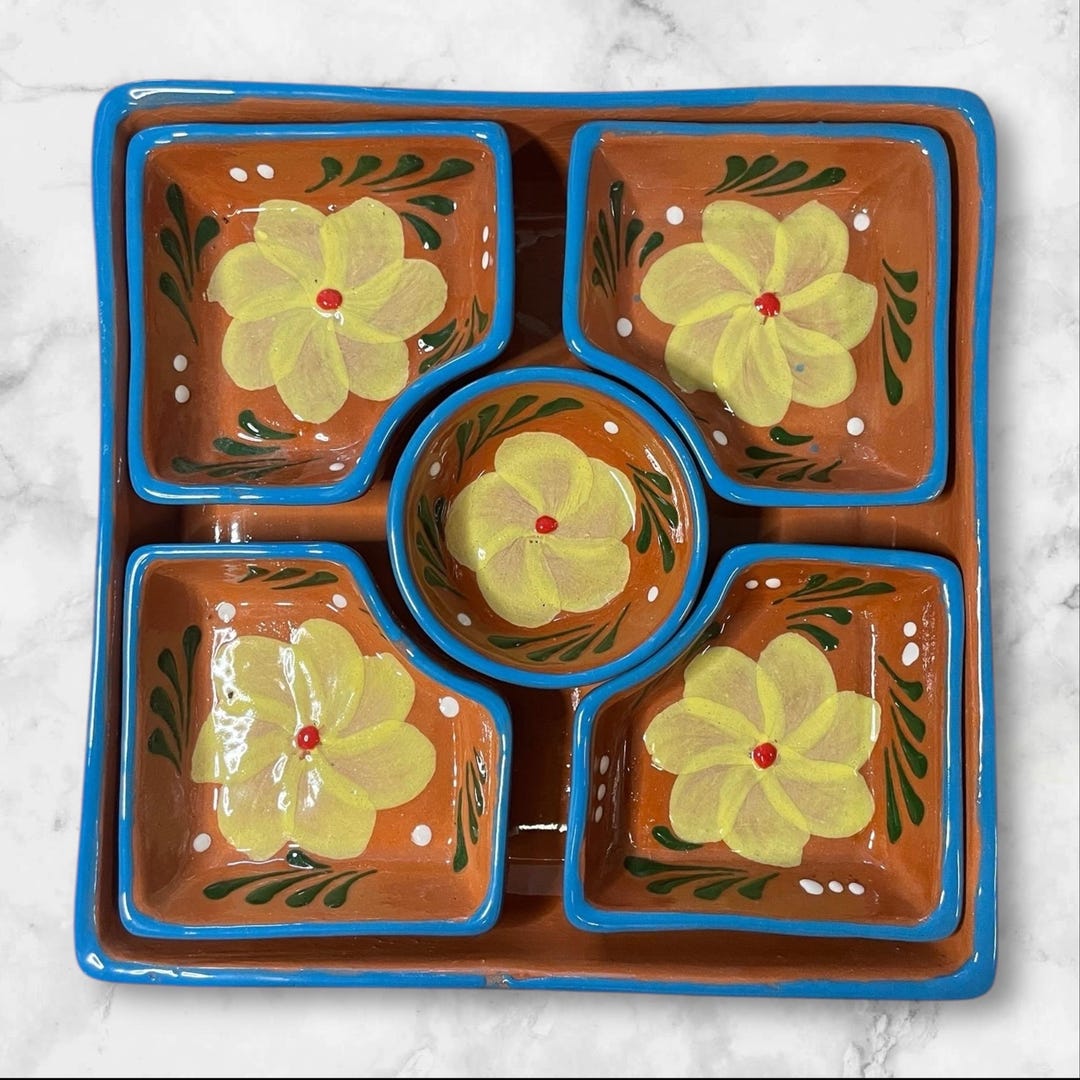 Talavera Clay Appetizer Tray. Red Clay Beautiful Square 7 Piece Dip ...