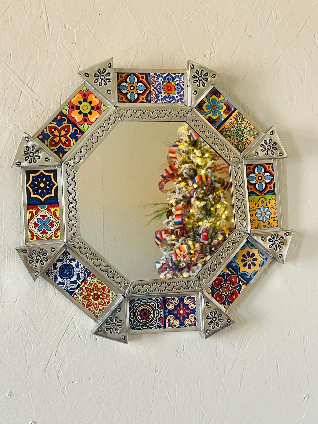 Stunning Talavera Tile Mirror, Octagon Punched Tin Mirror, Metal Framed ...