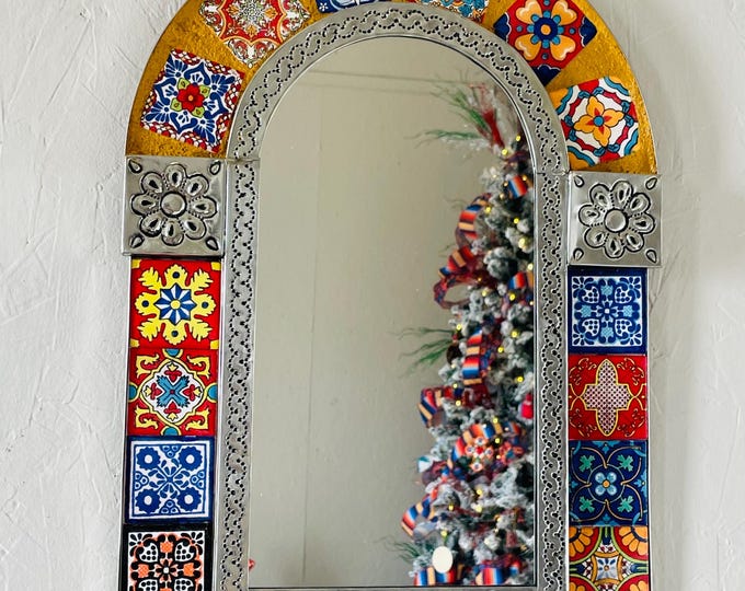 Large Arched Talavera Tile Mirror: Punched Tin Frame, Mexican Ceramic ...