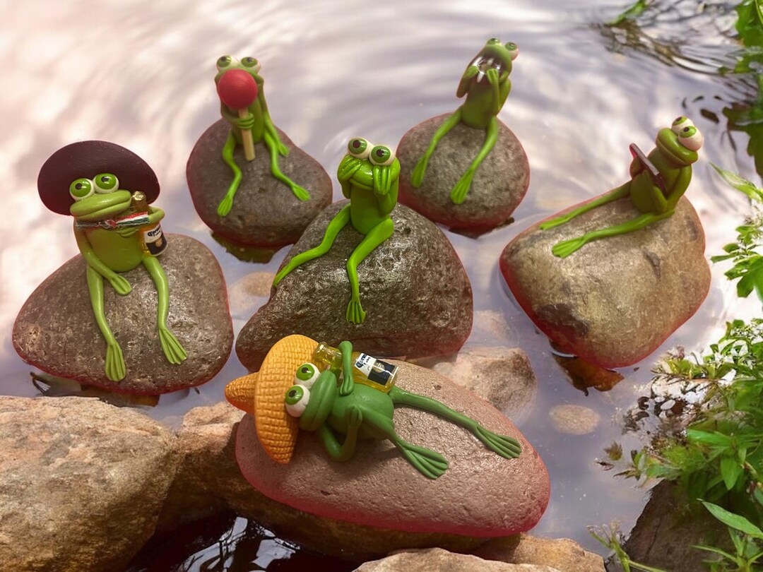 Frog on a Rock. Hand Crafted Clay Frogs. Miniature Frog Figurine. Rock ...