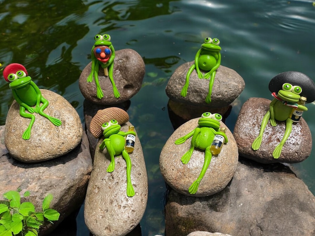 Frog on a Rock. Hand Crafted Clay Frogs. Miniature Frog Figurine. Rock ...