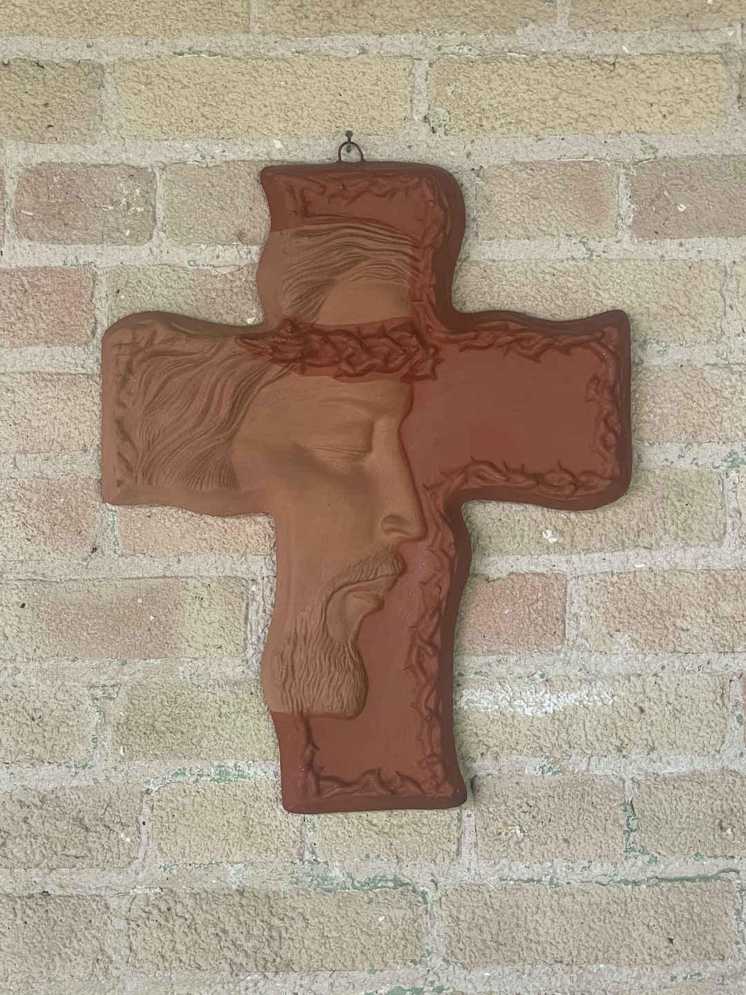 Ex Large Face of Christ Crucifix, Crown of Thorns. Mexican Barro Cross ...