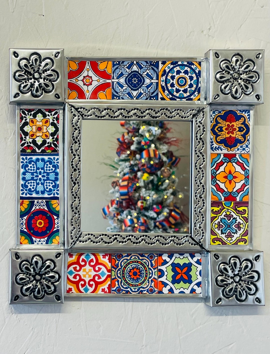 Stunning Square Talavera Tile Punched Tin Mirror, Metal Framed , High ...