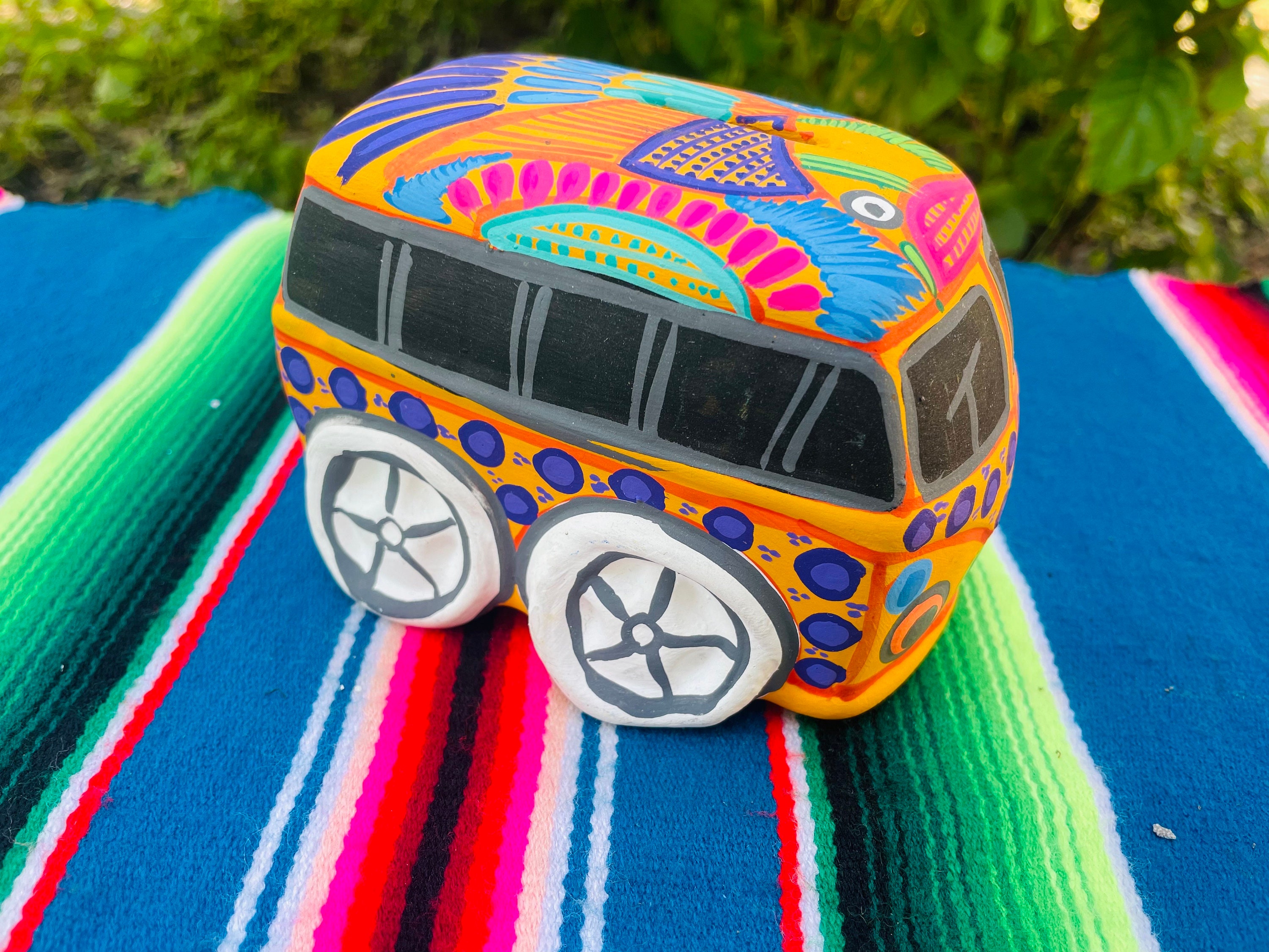 Hand Painted Bus Money Bank, Mexican Folk Art Piggy Bank. Colorful Hand ...