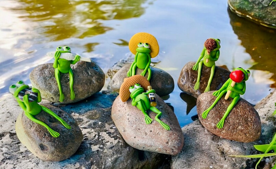 Frog on a Rock. Hand Crafted Clay Frogs. Miniature Frog Figurine. Rock ...