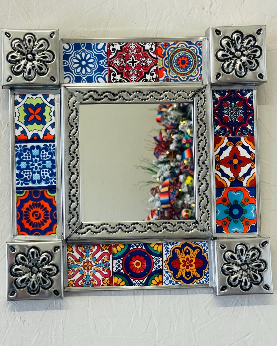 Stunning Square Talavera Tile Punched Tin Mirror, Metal Framed , High ...