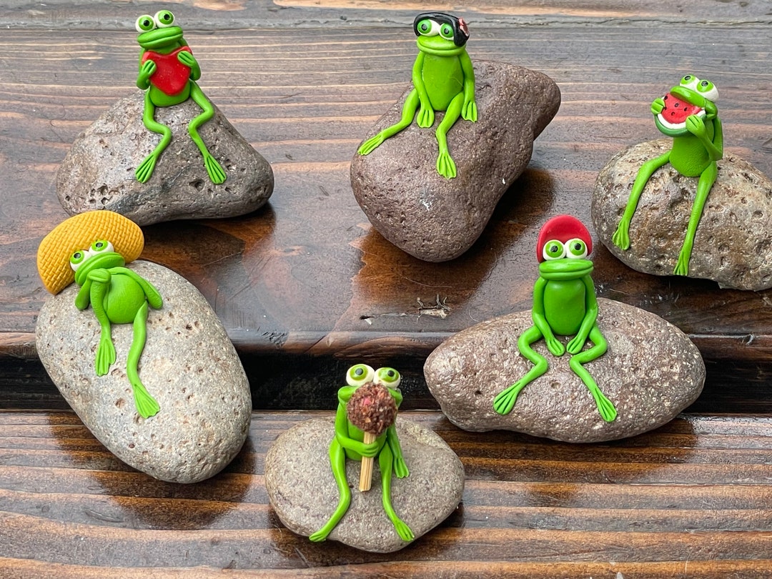 Frog on a Rock. Hand Crafted Clay Frogs. Miniature Frog Figurine. Rock ...