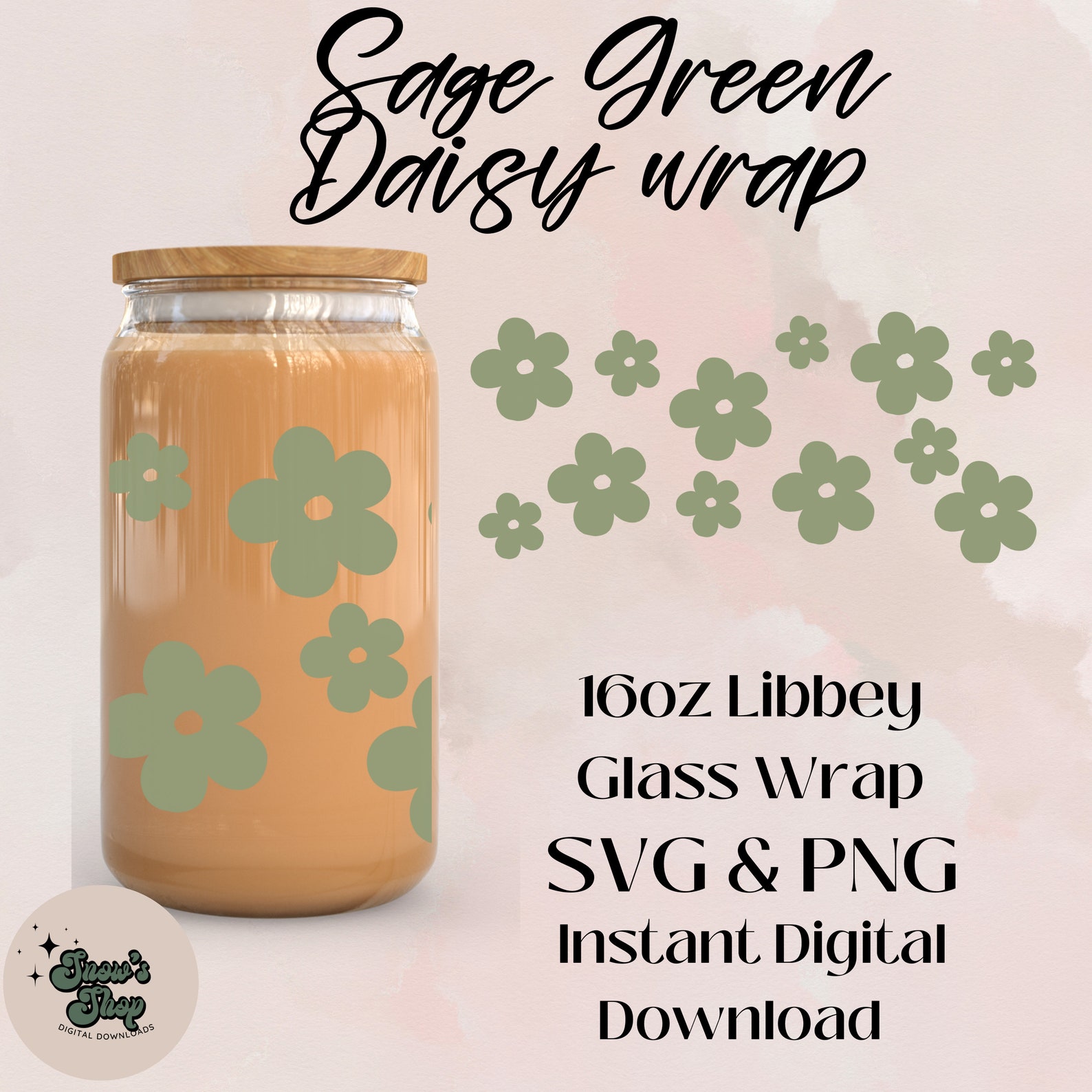 Trendy and Retro Sage Green Daisy Svg & Png L 16oz Libbey Glass Full ...