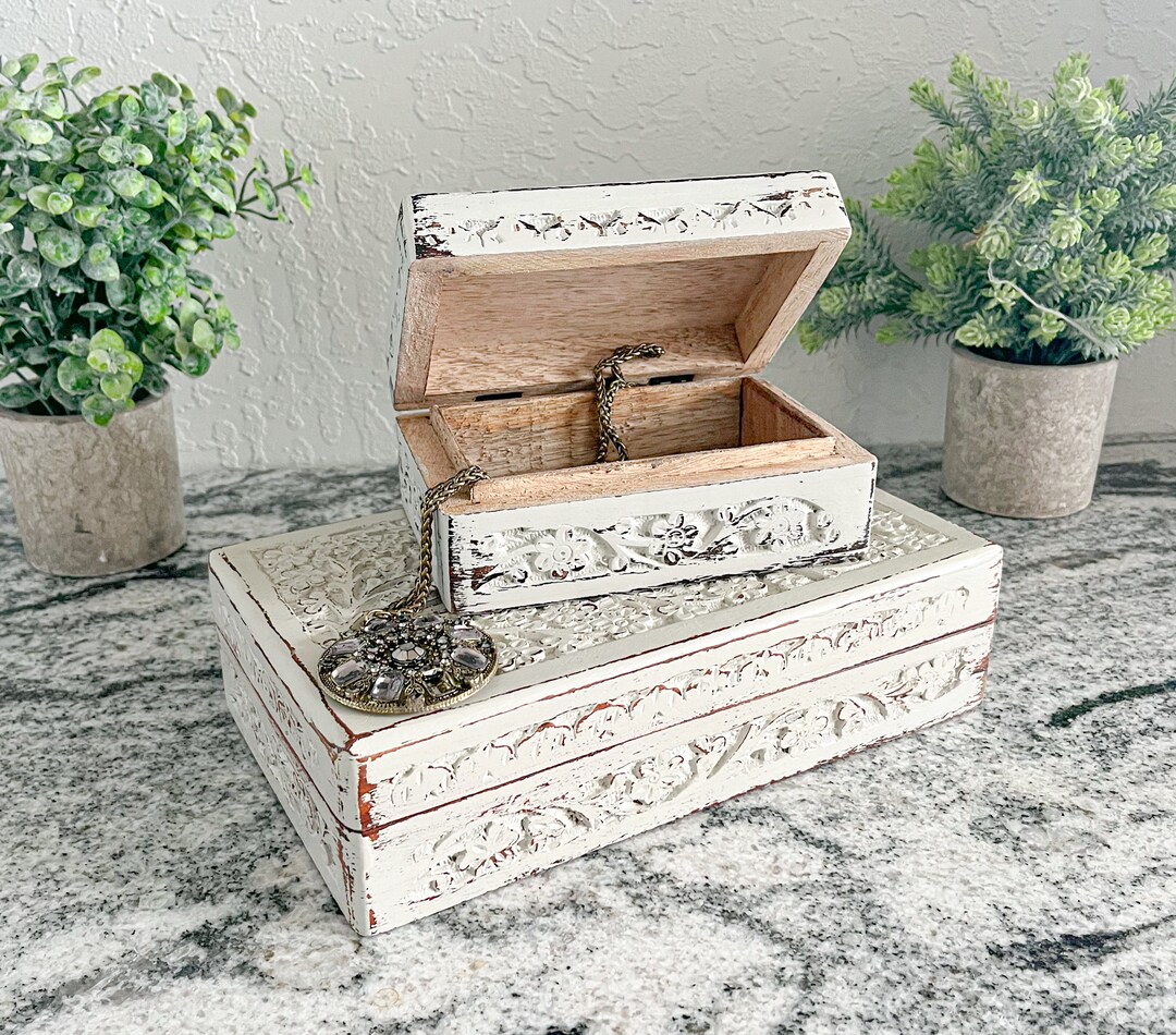 White Washed Carved Wood Boxes Shabby Chic Carved Jewelry - Etsy