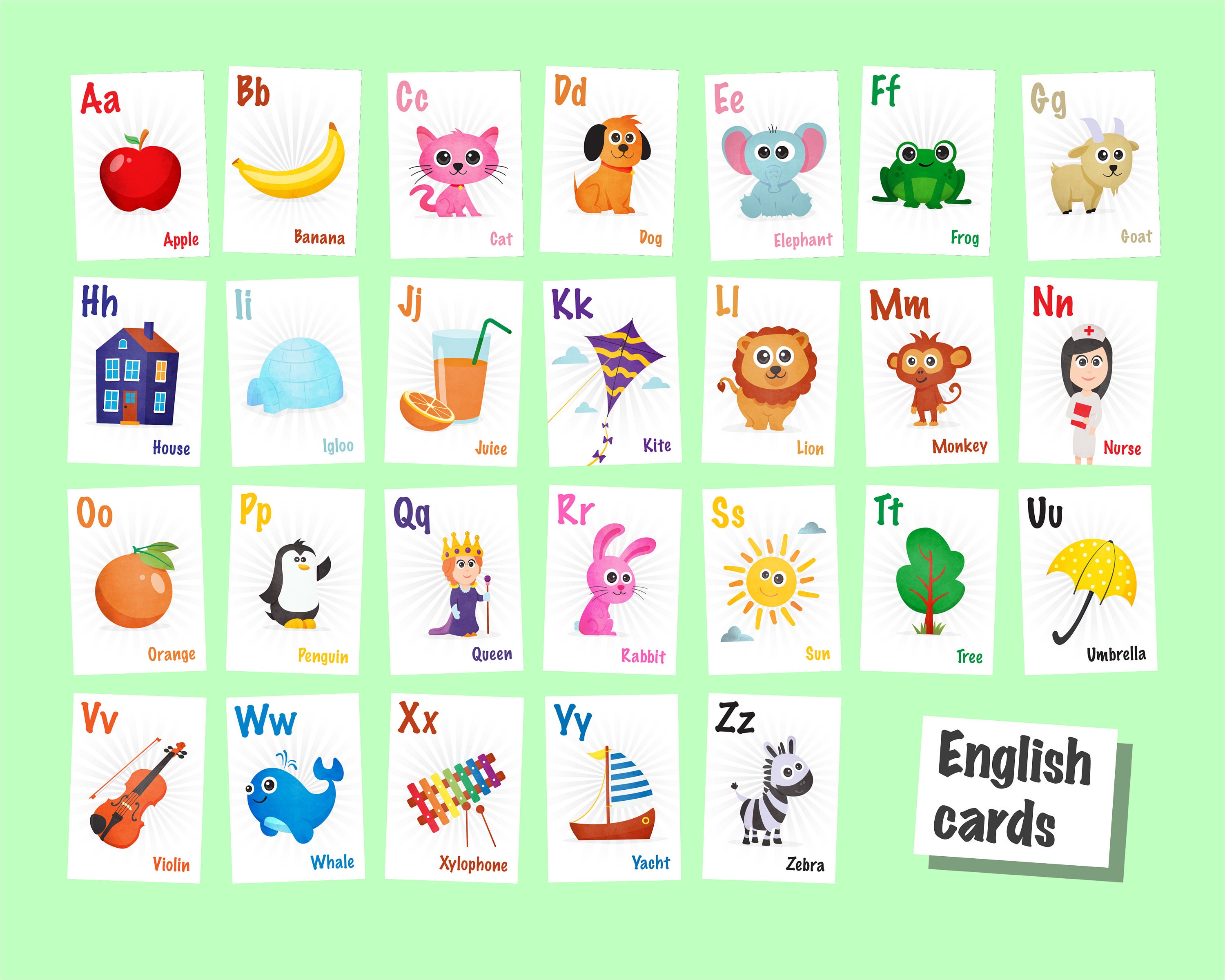 English Alphabet Flashcards, 26 Printable ABC Flash Cards, A-Z ...