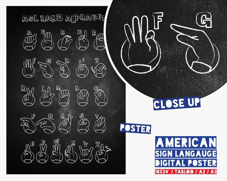 American Sign Language Alphabet Poster Digital Download 4 Sizes 18x24 ...