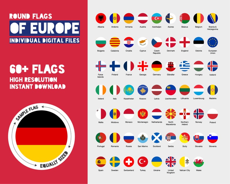Round Flags of Europe, Digital Download, 60 Country & Regional Flags ...