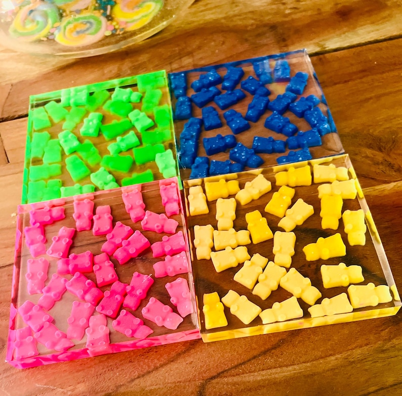 Unique Rainbow 4 Pc Coaster Set Gummy Bear Resin , Table Top Decor ...