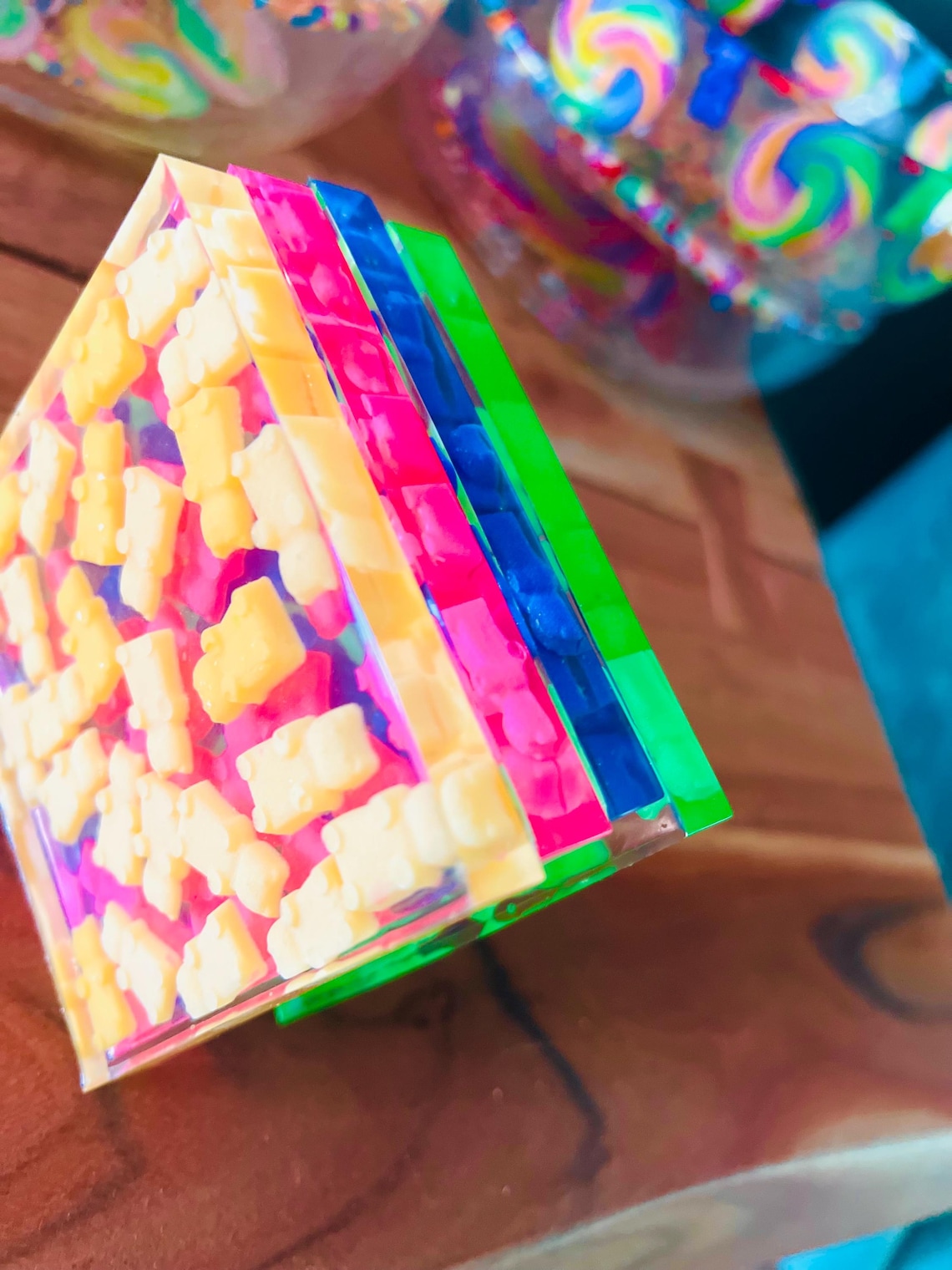 Unique Rainbow 4 Pc Coaster Set Gummy Bear Resin , Table Top Decor ...