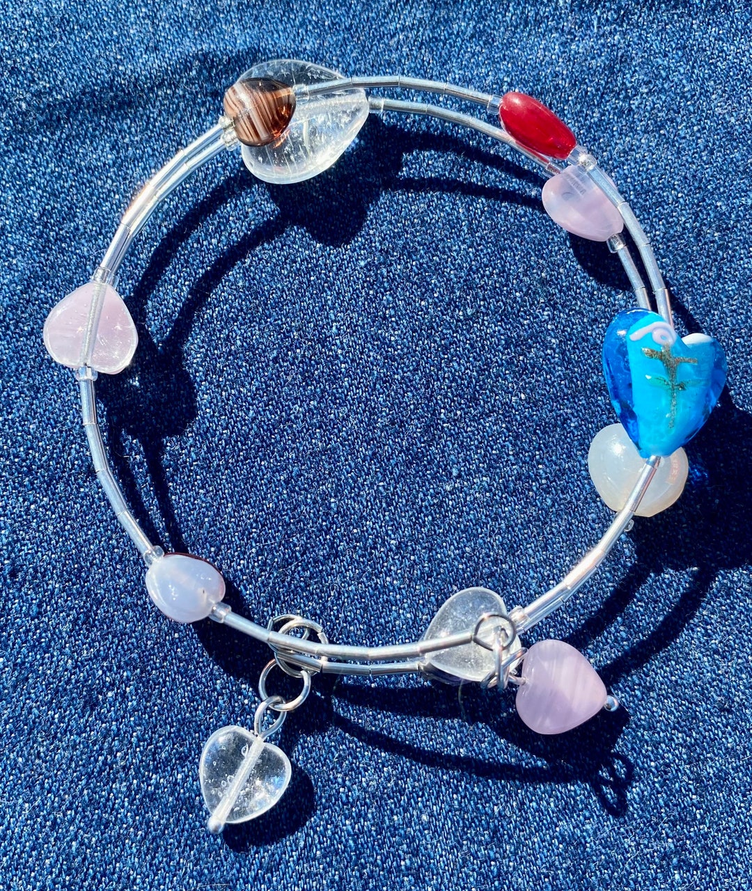 Double Row Heart Love Sterling Silver Pink Red White Silver Hearts ...