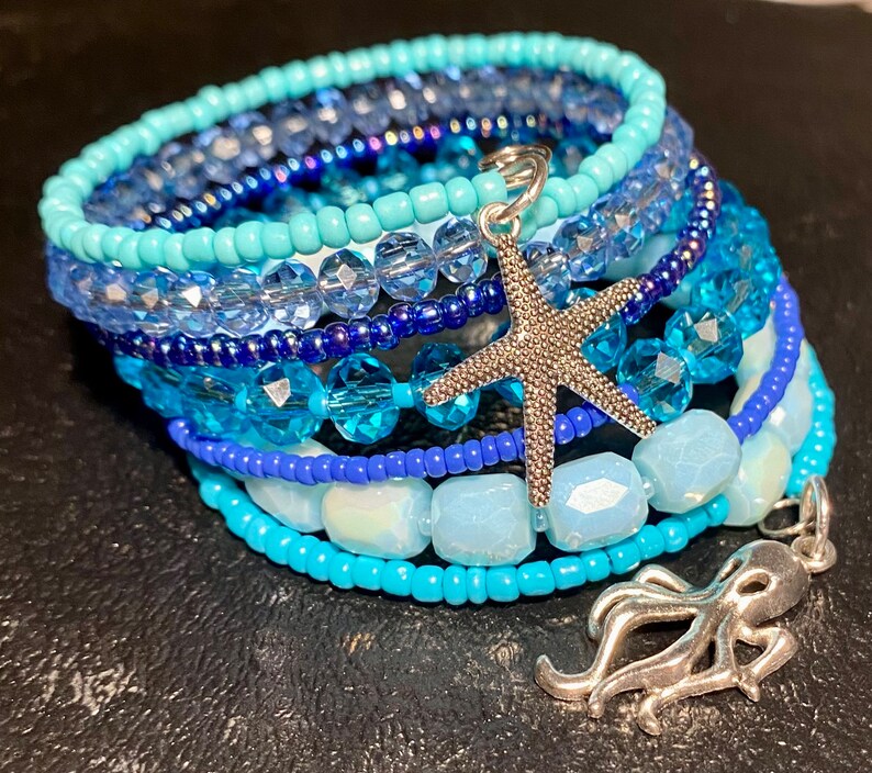 Blue Glass and Crystal Beaded Mermaid Wrap Memory Wire Bracelet - Etsy