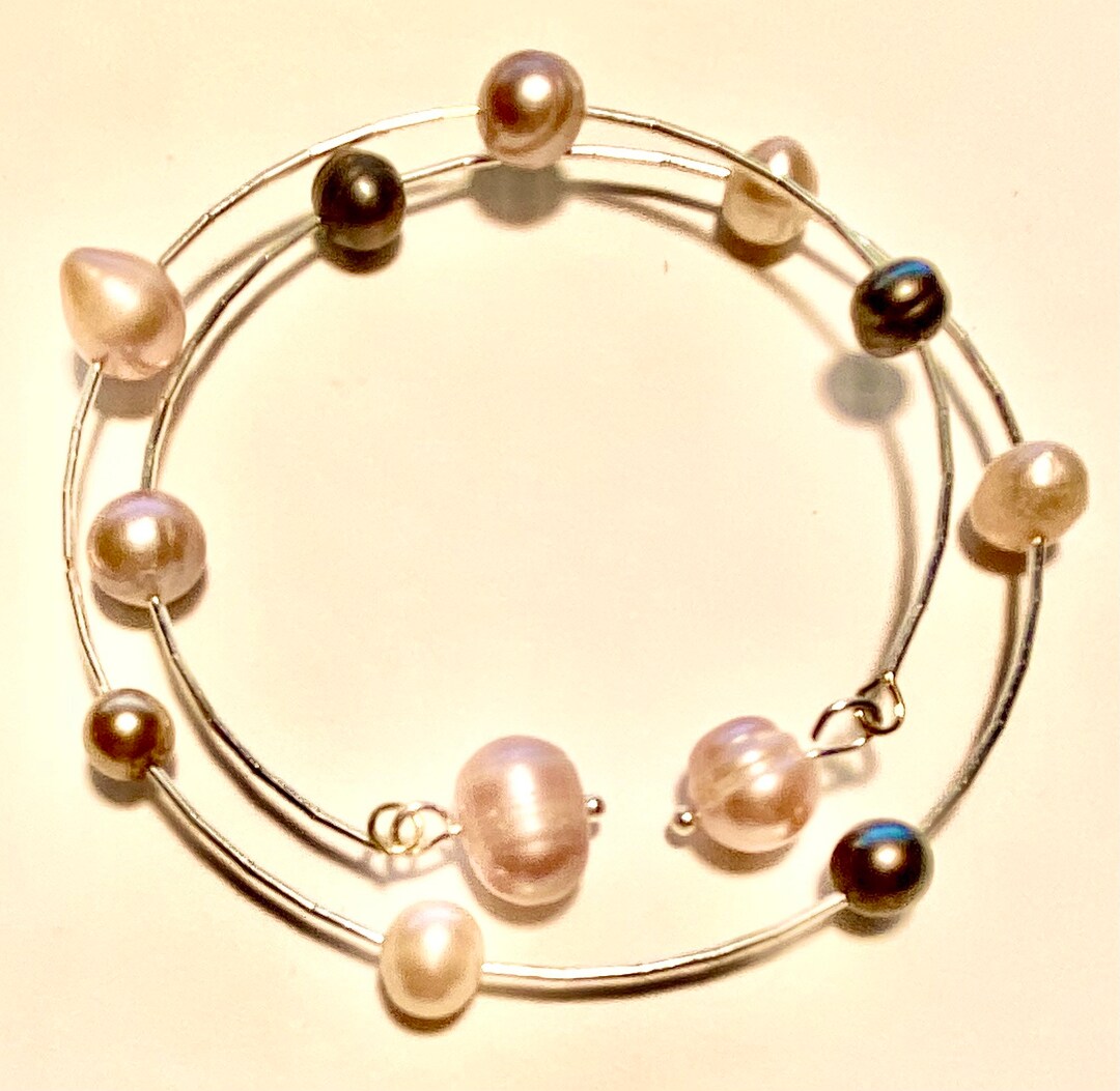 Freshwater Pearl and Sterling Liquid Silver Wrap Memory Wire Bracelet ...