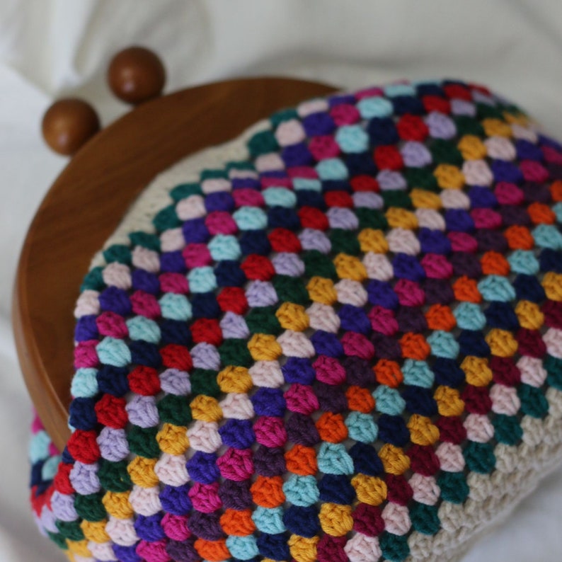 Cream Granny Crochet Clasp Purse Wooden Kiss Lock Clutch , Lined With ...