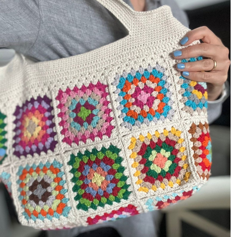 Beige Based Colorful Granny Square Boho Market Bag and All Day Purse in ...