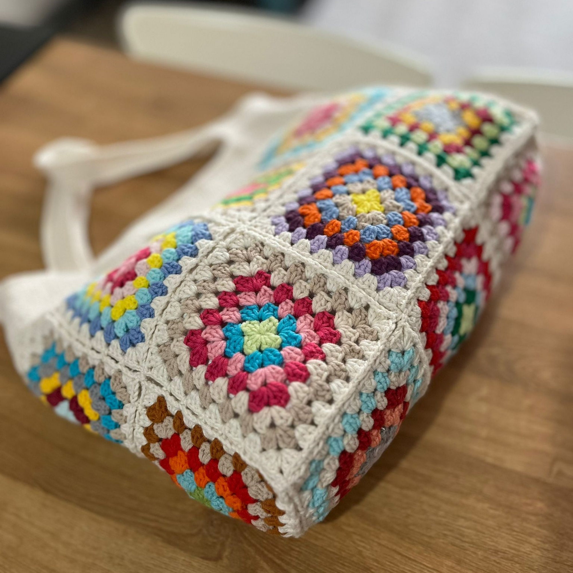 Beige Based Colorful Granny Square Boho Market Bag and All Day Purse in ...
