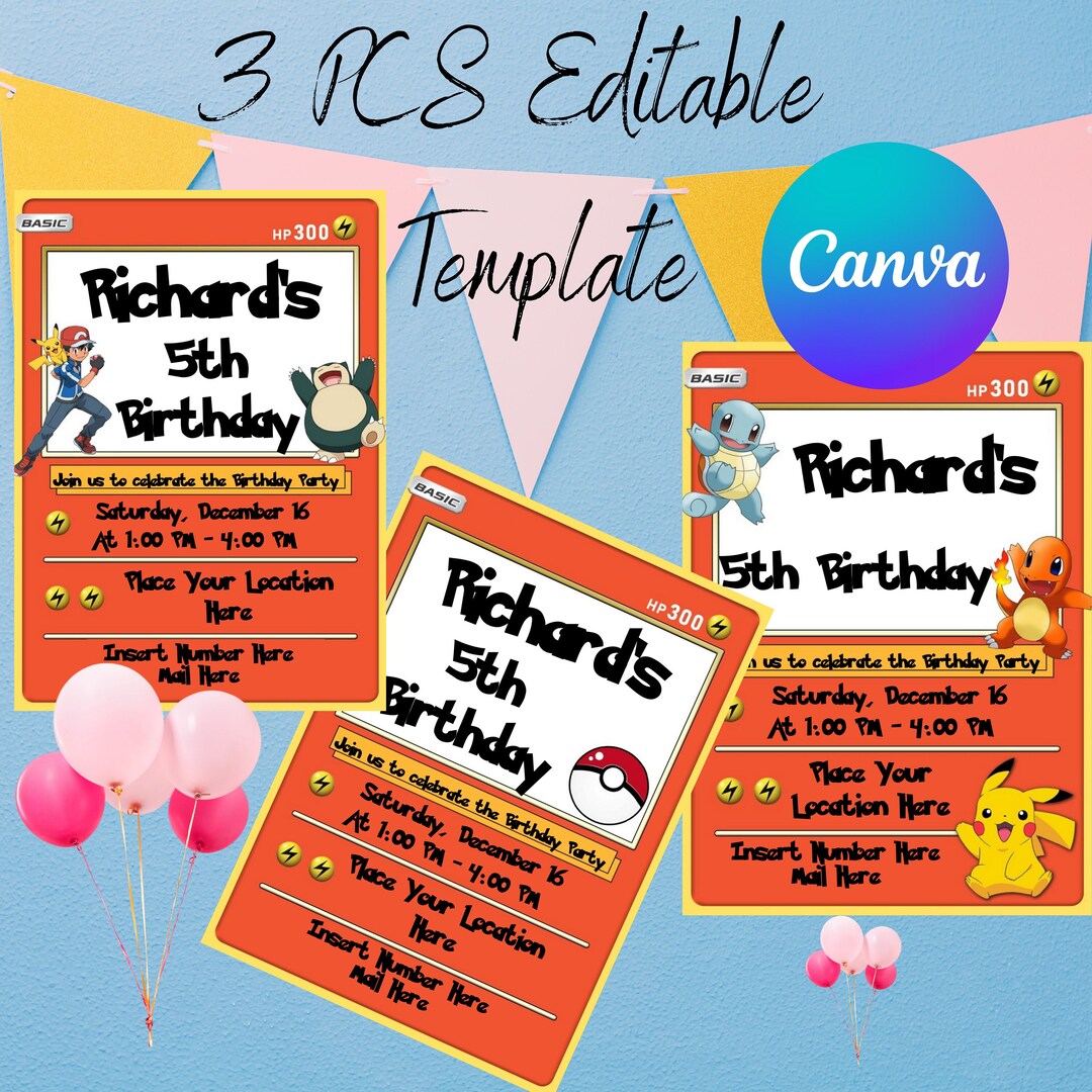 Editable Pokemon Birthday Invitation Pokemon Birthday Party Editable ...