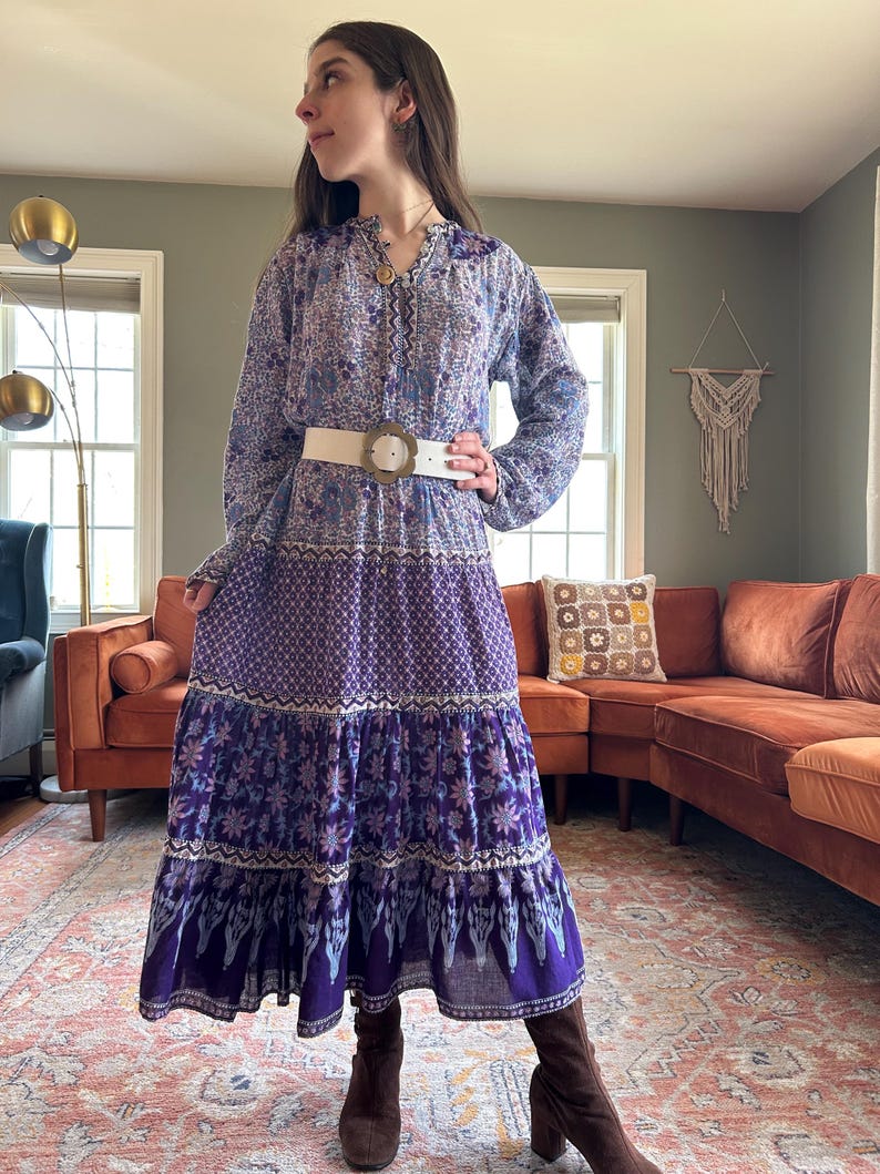 Vintage 1970s Kaiser Purple Heart Block Print Indian Cotton Midi Dress ...