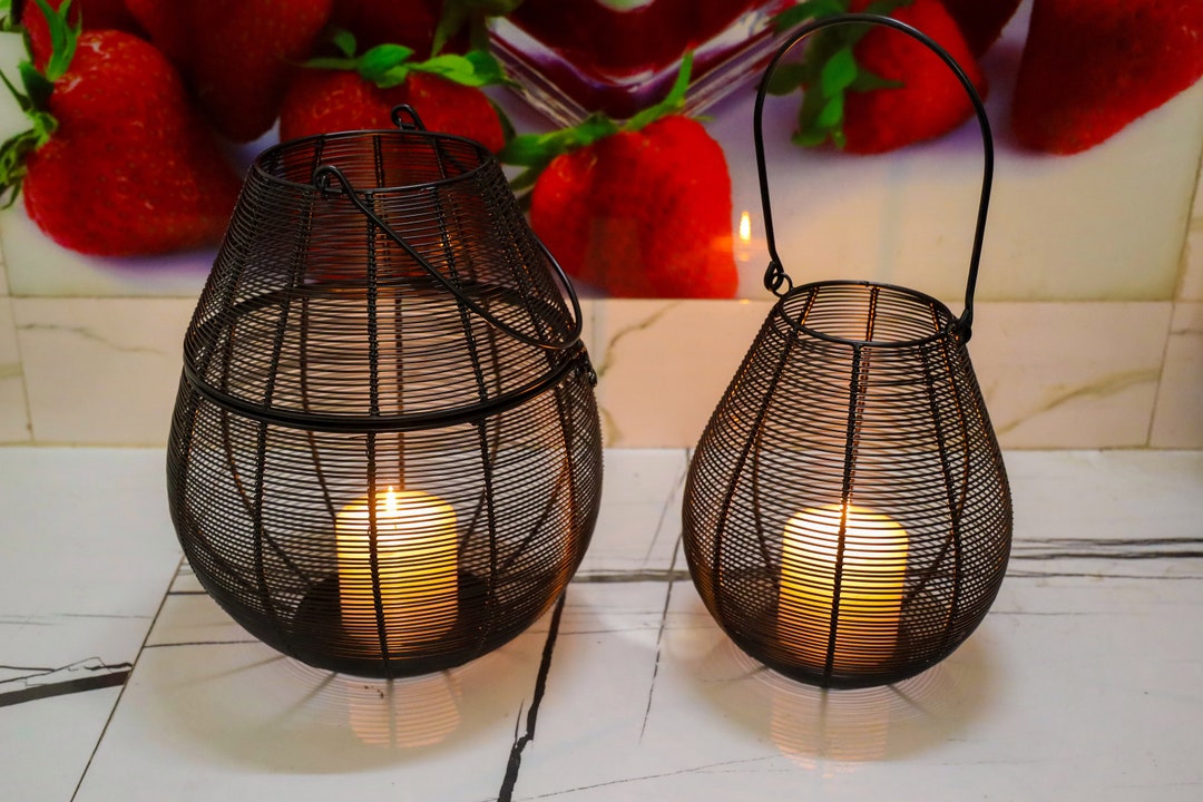 Black Metal Two Lantern Set: Indoor/outdoor Decor, Dew Drop Design - Etsy