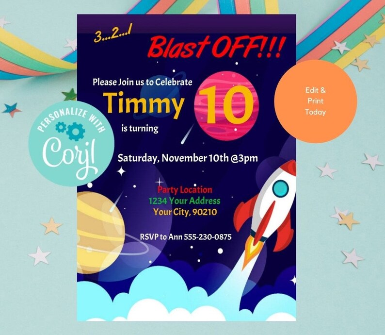 Outer Space Birthday Invitation Template, Planets Rocket Ship Invite ...