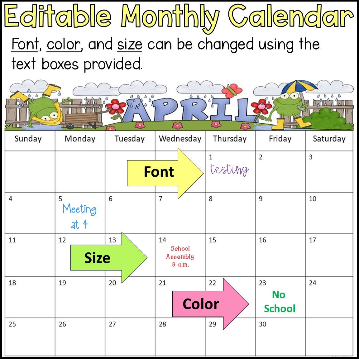 Editable Monthly Calendar - Etsy